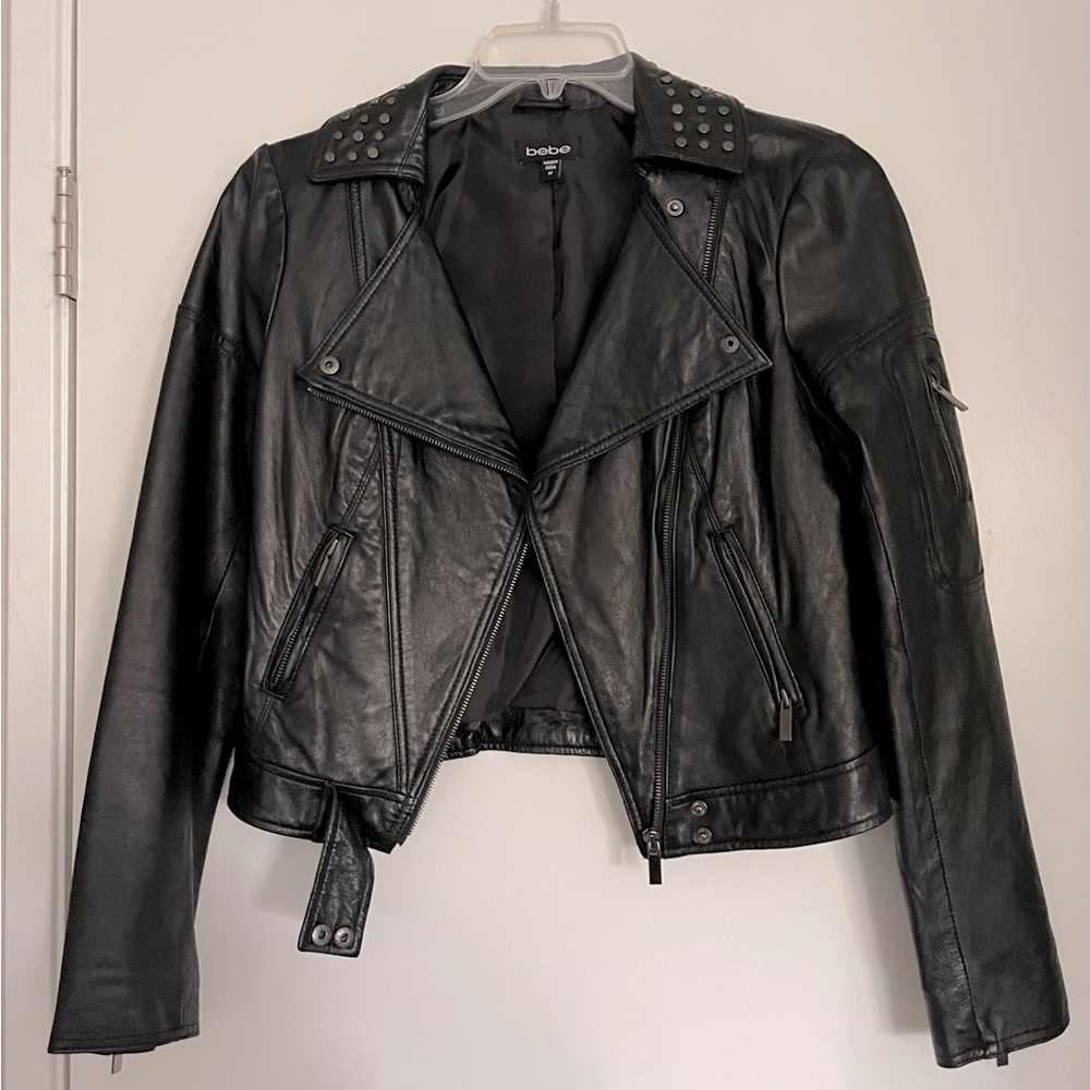 Bebe Black Studded Genuine Leather Jacket - Gem